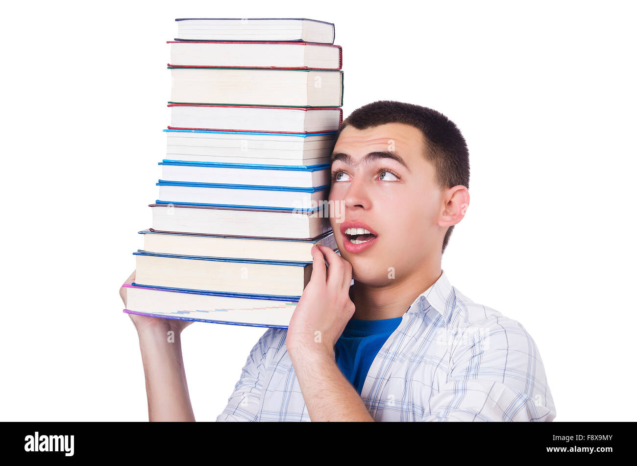 Student with lots of books on white Stock Photo - Alamy