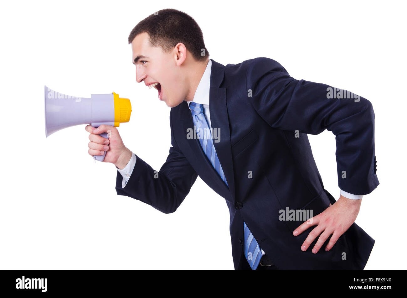 Man with loudspeaker isolated on white Stock Photo - Alamy