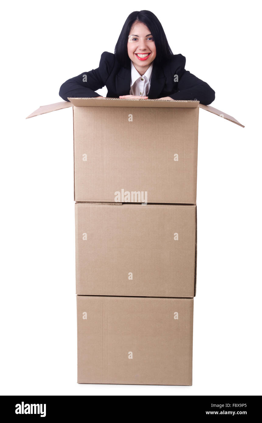 Woman with lots of boxes on white Stock Photo - Alamy