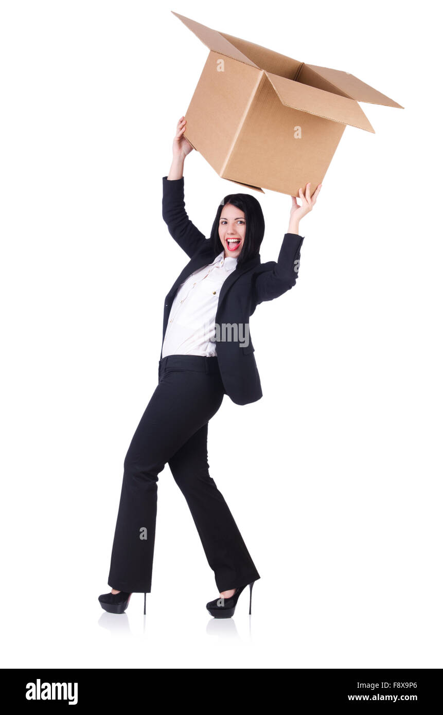 Woman with lots of boxes on white Stock Photo - Alamy