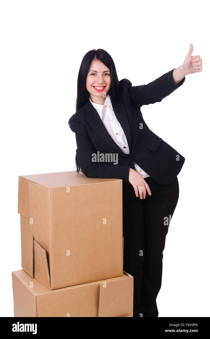 Woman with lots of boxes on white Stock Photo - Alamy