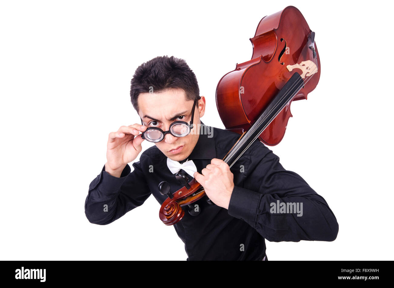 Funny man with violin on white Stock Photo - Alamy