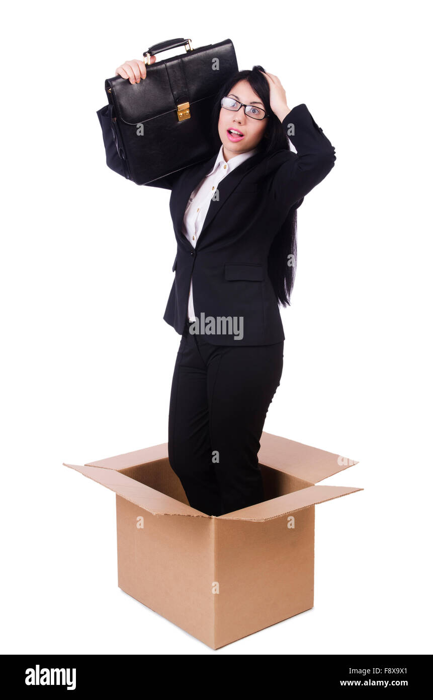 Businesswoman in thinking out of box concept Stock Photo - Alamy