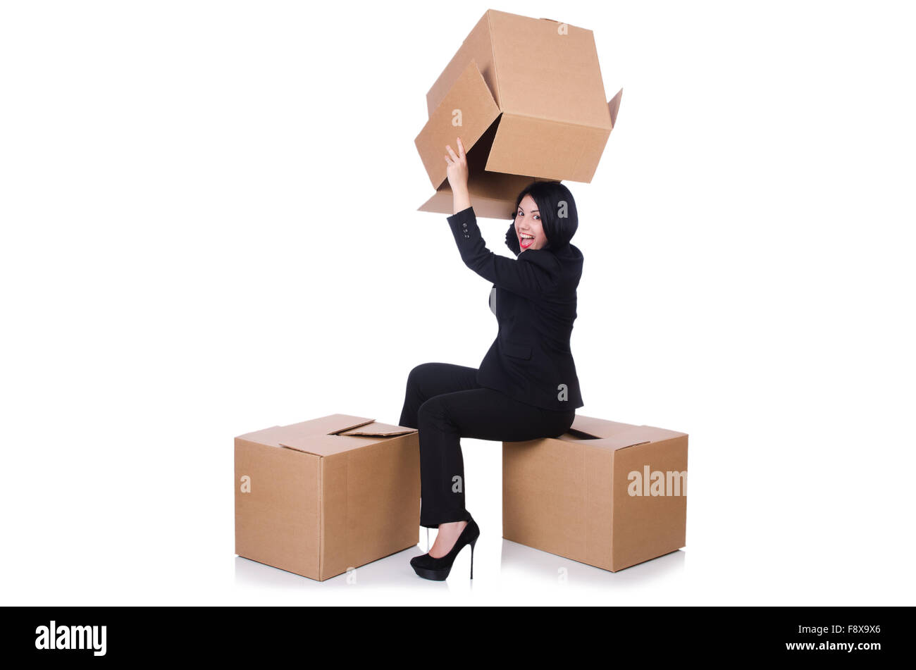 Woman with lots of boxes on white Stock Photo - Alamy