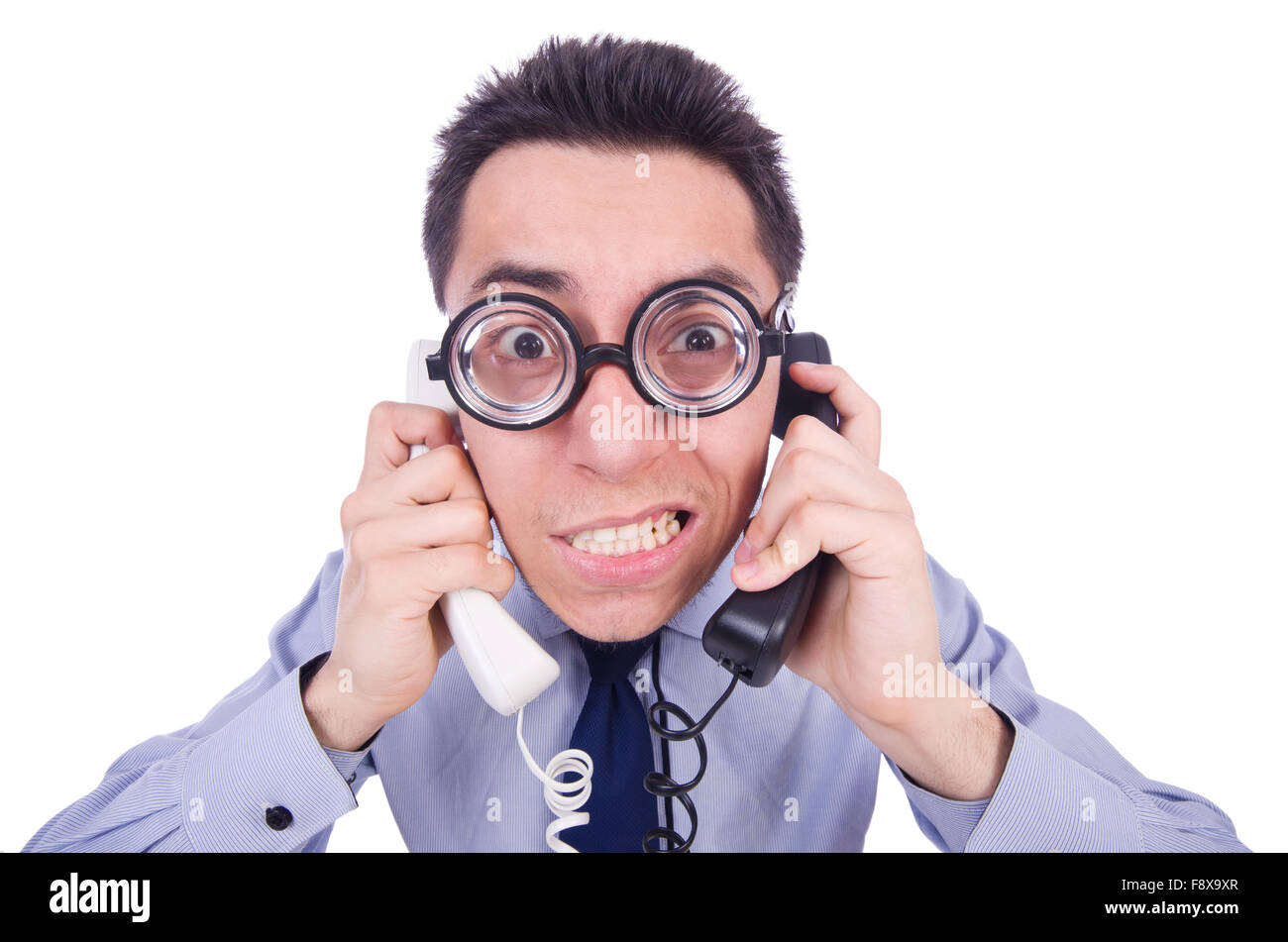 Crazy man with phone on white Stock Photo - Alamy