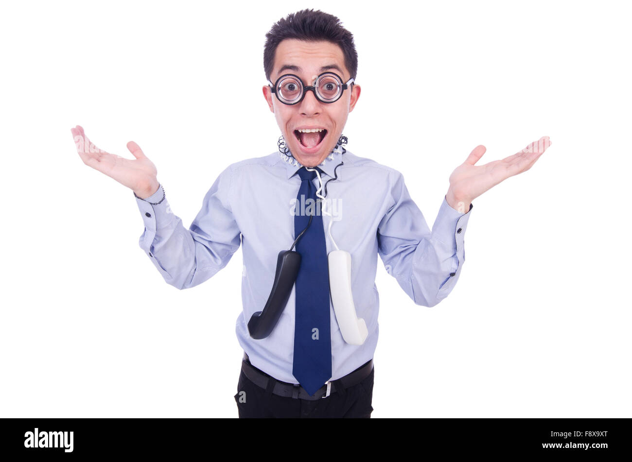 Crazy man with phone on white Stock Photo - Alamy