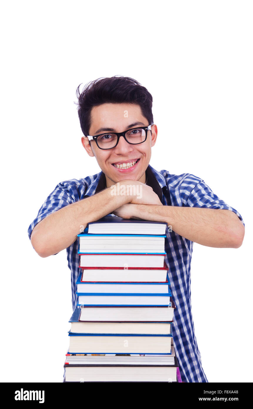 Student with lots of books on white Stock Photo - Alamy