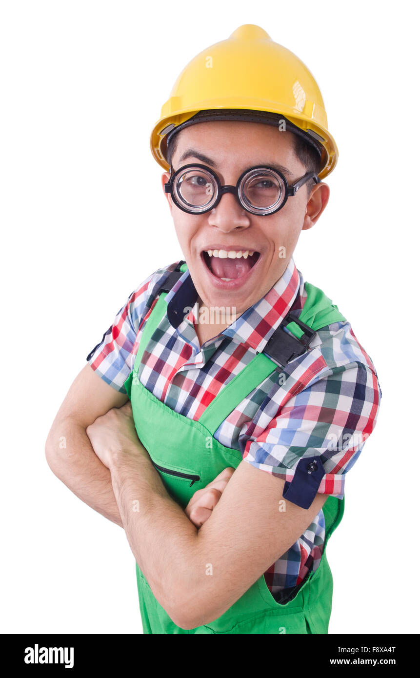 Funny construction worker isolated on white Stock Photo - Alamy