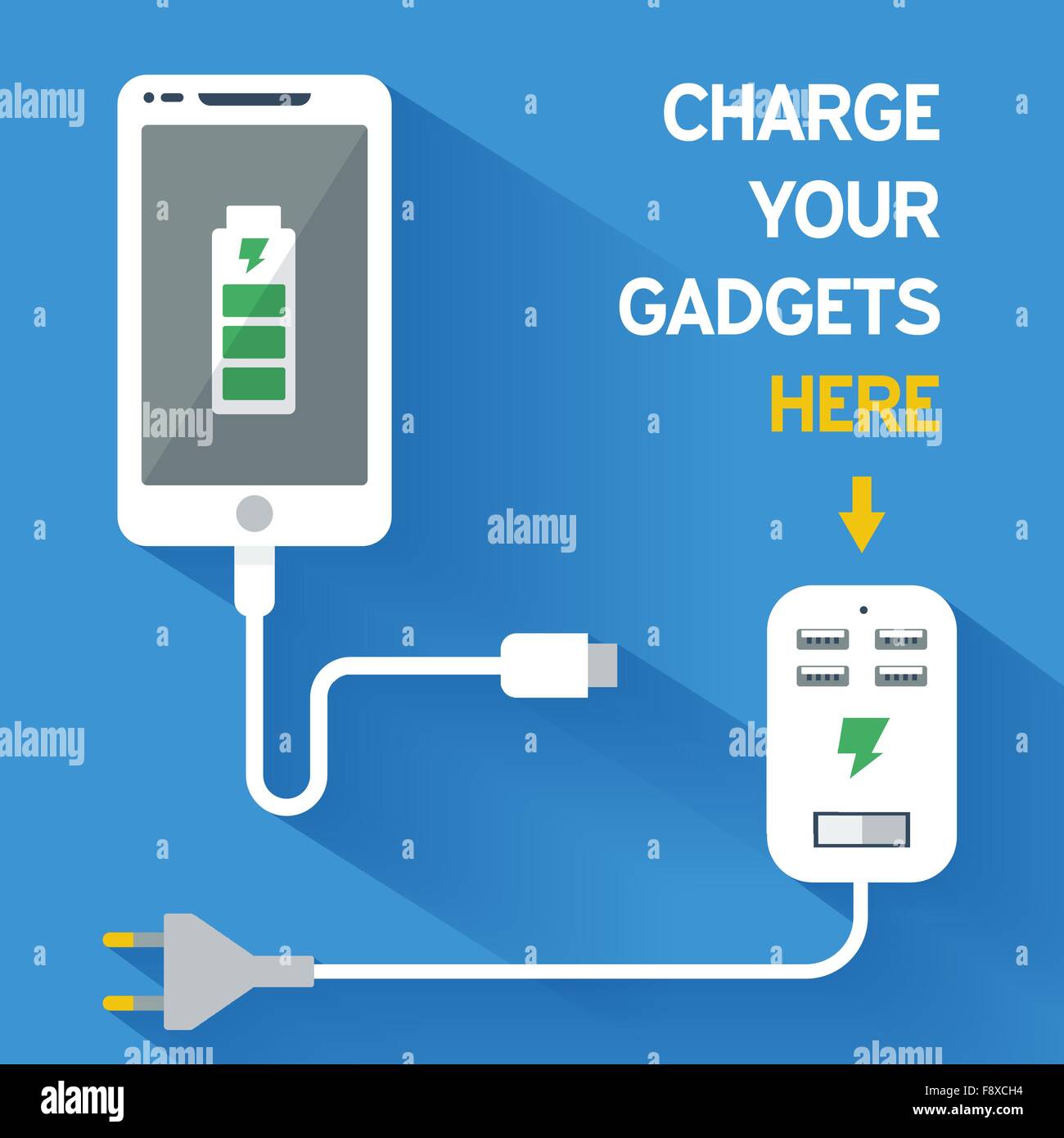 Phone charging device icon flat design isolated on blue background ...