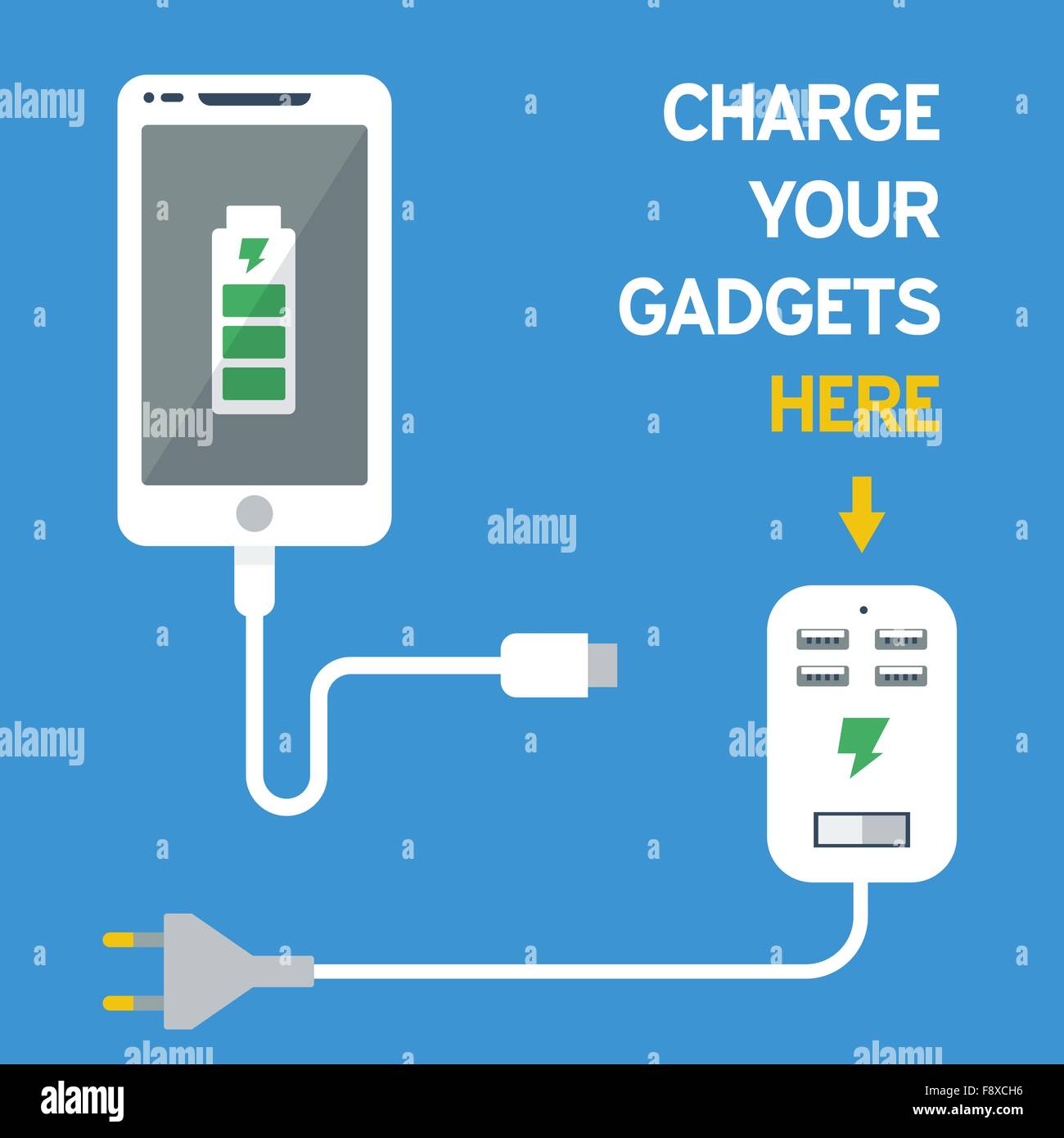 Phone charging device icon flat design isolated on blue background ...