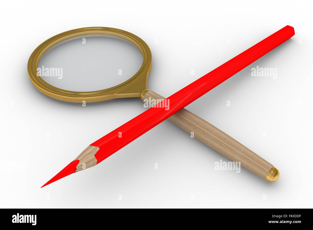 Magnifier and pencil on white background. Isolated 3D image Stock Photo ...