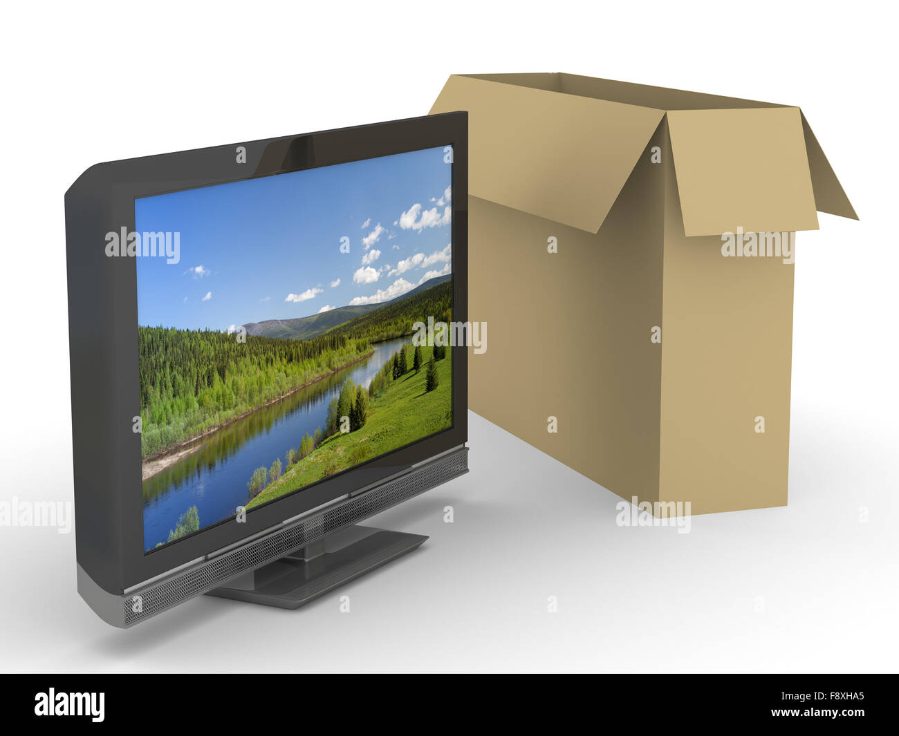 TV and box on white background. Isolated 3D image Stock Photo - Alamy