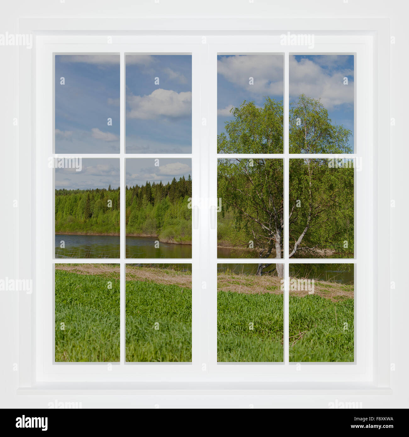 Summer landscape behind a window. 3D image Stock Photo - Alamy