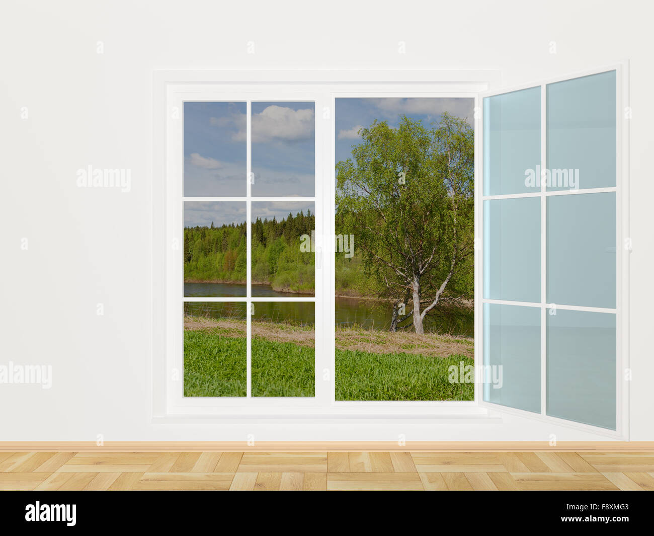 Summer landscape behind a window. 3D image Stock Photo - Alamy