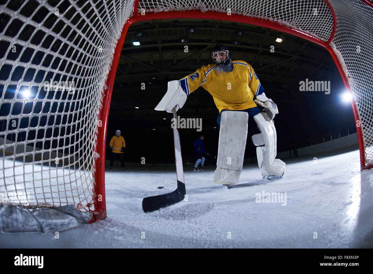 ice hockey goalkeeper player on goal in action Stock Photo - Alamy