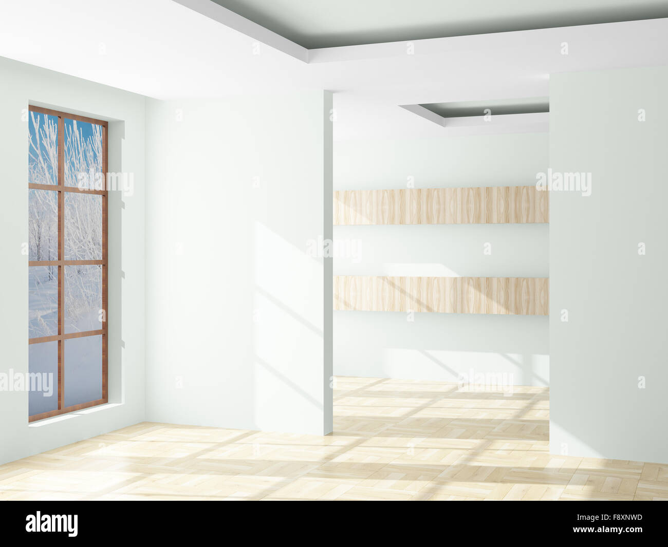 Empty room. Landscape behind the open window. 3D image Stock Photo - Alamy