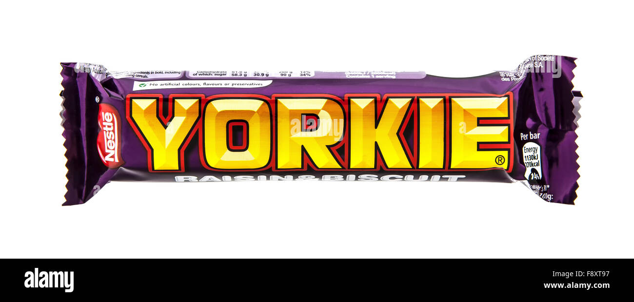 Yorkie Raisin and Biscuit chocolate Bar on a white background Stock ...