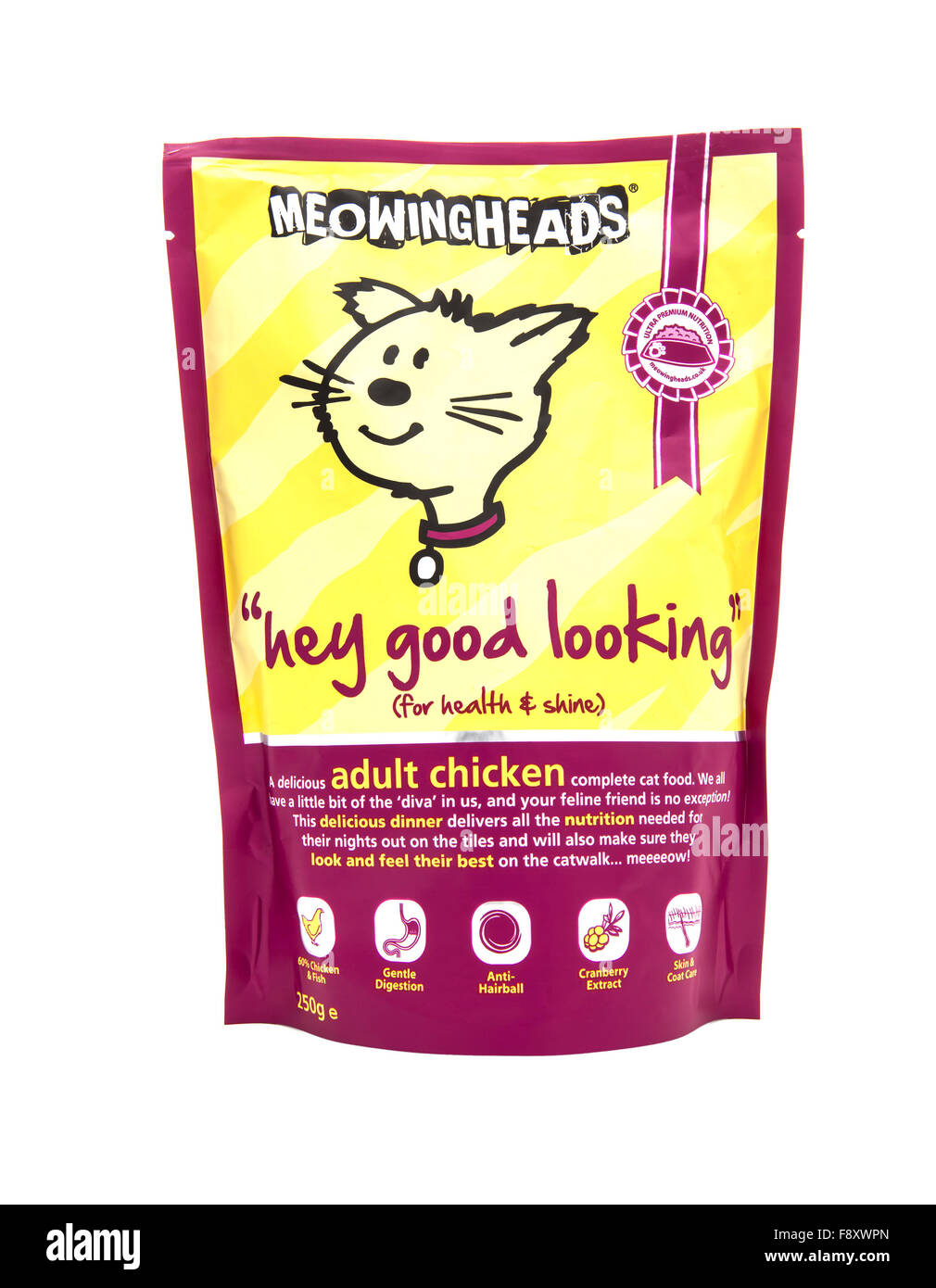 Packet of Meowingheads Complete Chicken Adult Cat food on a white ...