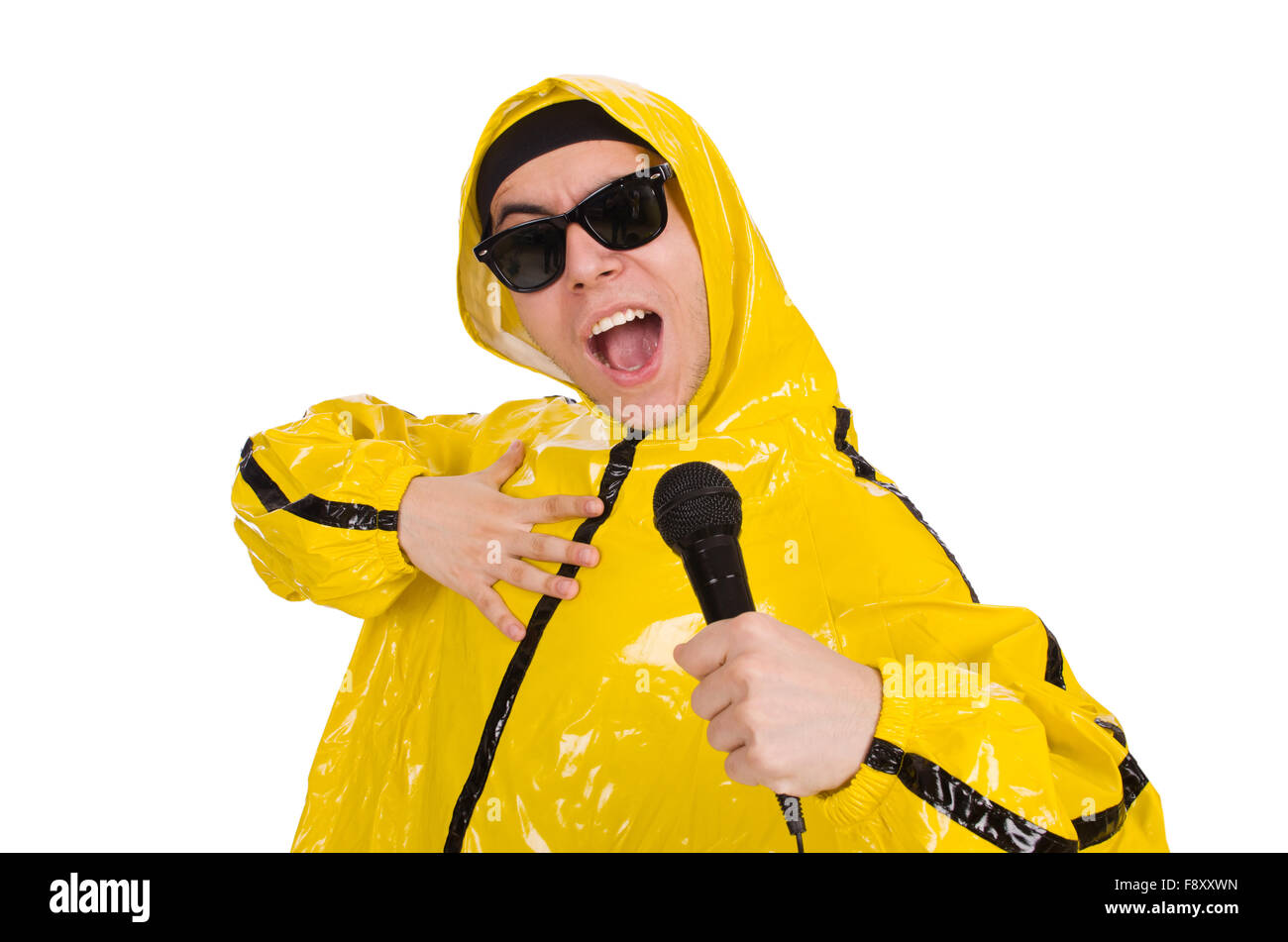 Funny performer with mic isolated on the white Stock Photo - Alamy