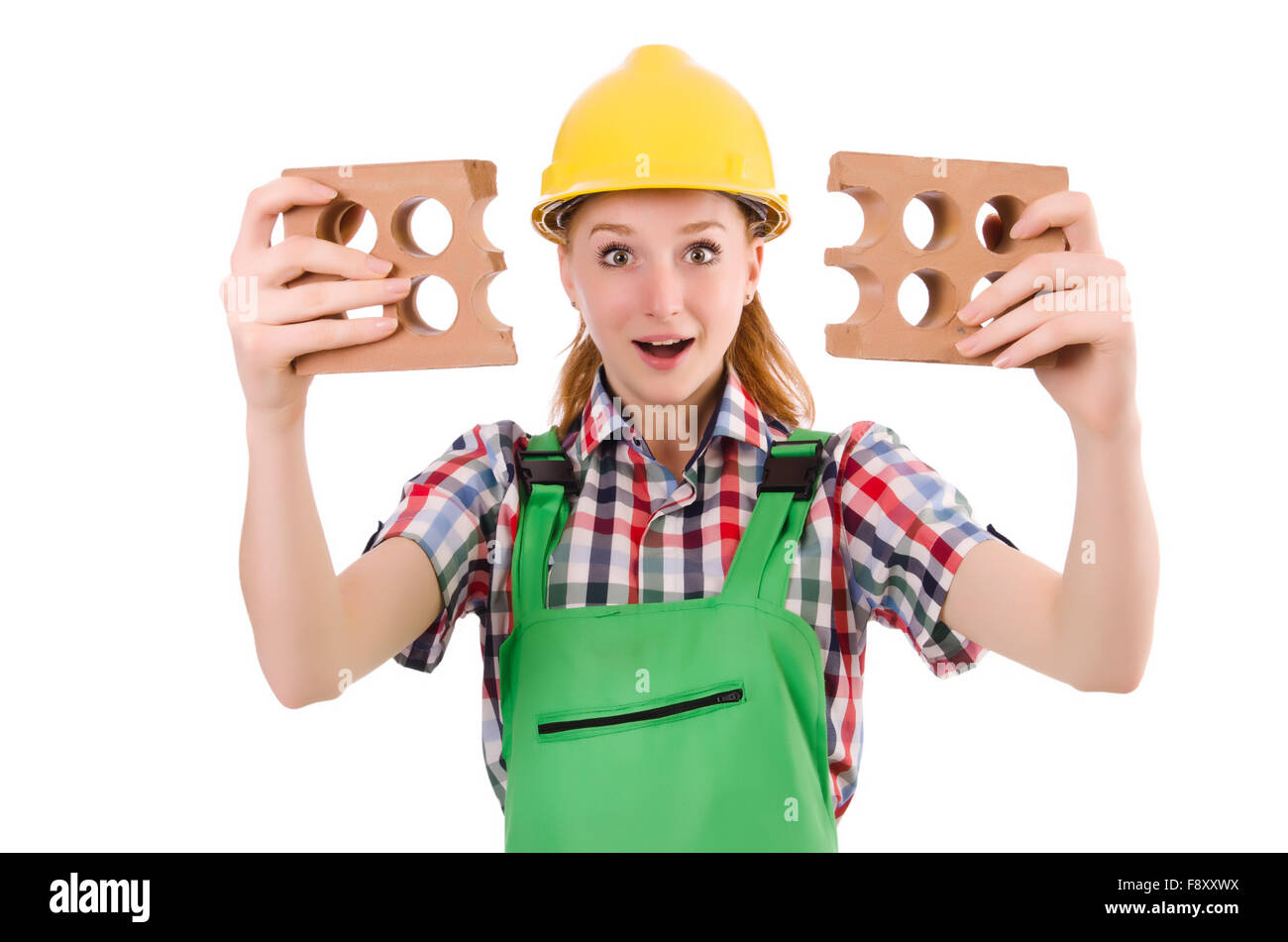 Woman with bricks isolated on white Stock Photo - Alamy