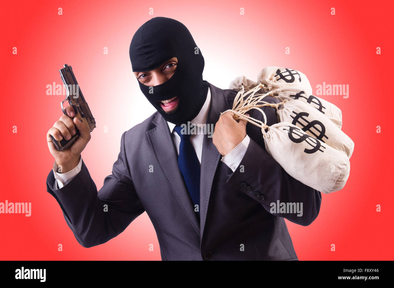 Gangster with bags of money on white Stock Photo - Alamy