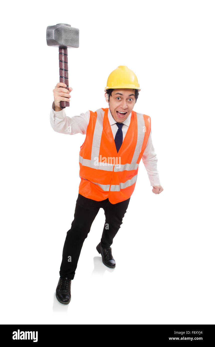 Construction worker with hammer isolated on white Stock Photo - Alamy
