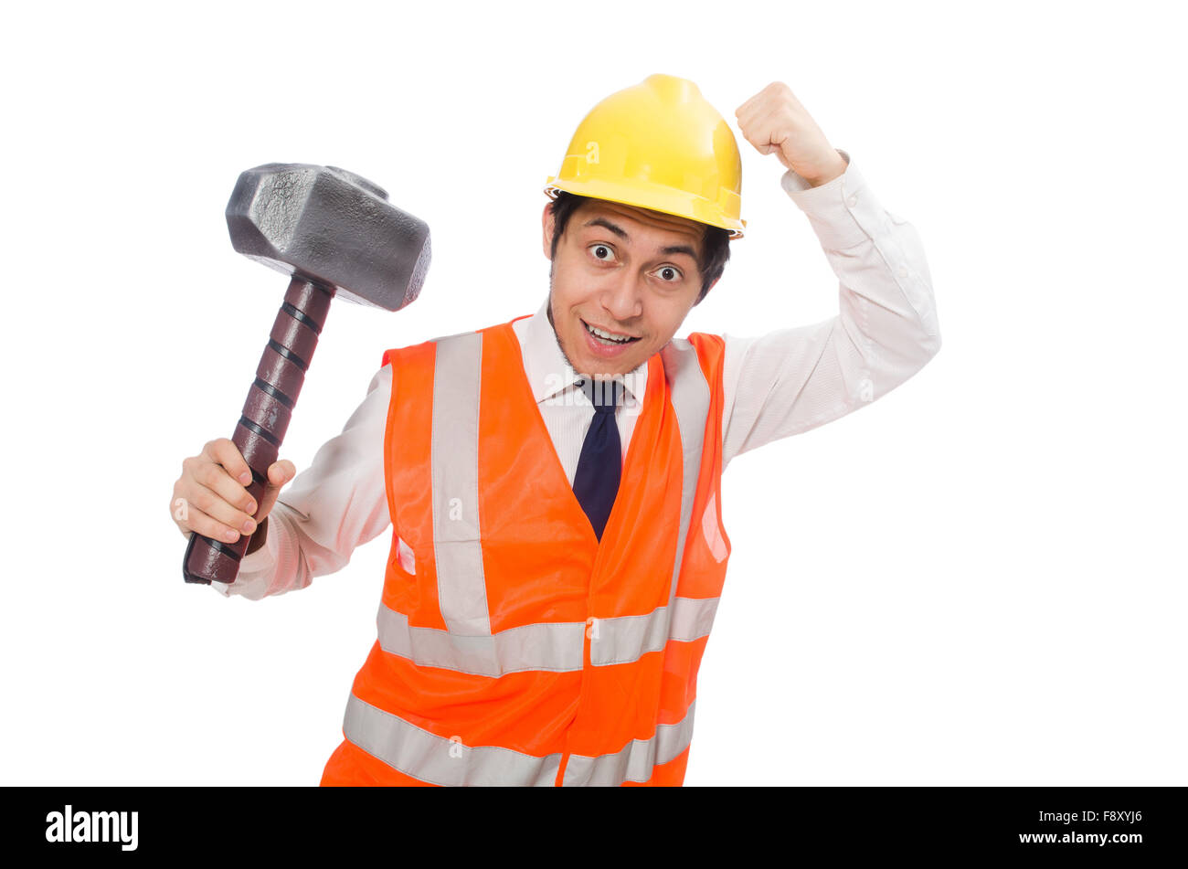Construction worker with hammer isolated on white Stock Photo - Alamy