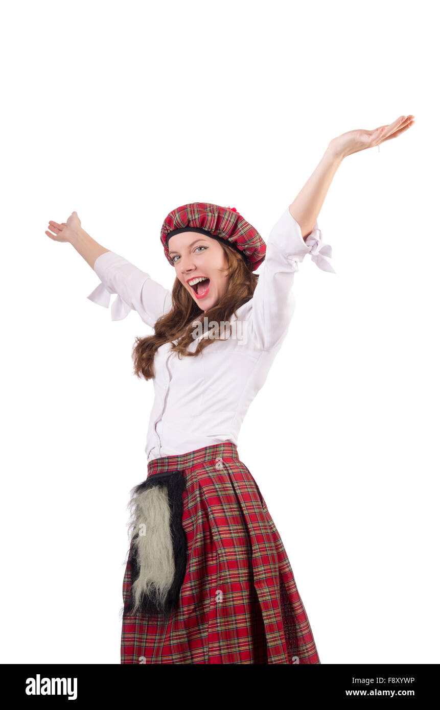 Pretty girl in plaid red clothing isolated on white Stock Photo - Alamy