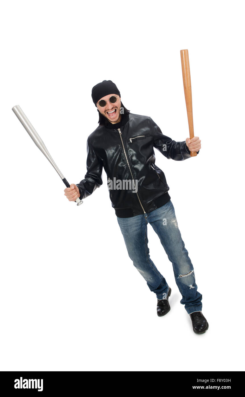 Aggressive man with baseball bat on white Stock Photo - Alamy
