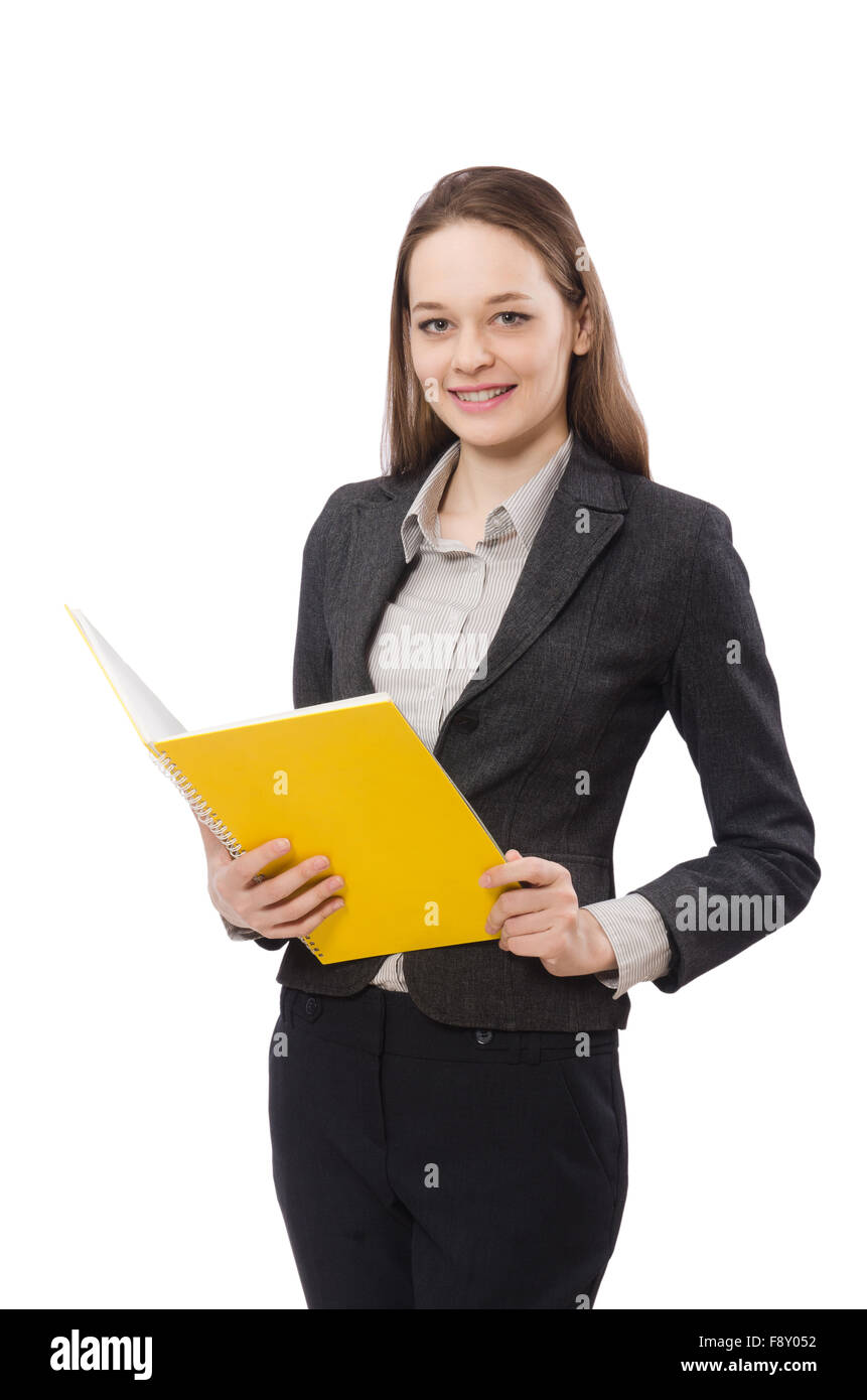 Working lady with paper isolated on white Stock Photo - Alamy