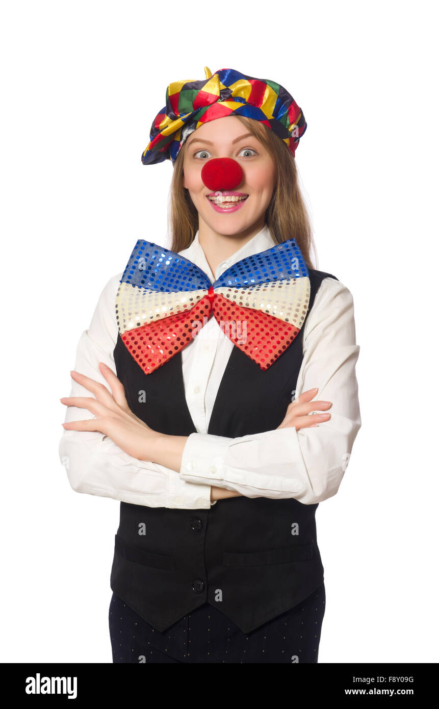 Pretty female clown isolated on white Stock Photo - Alamy