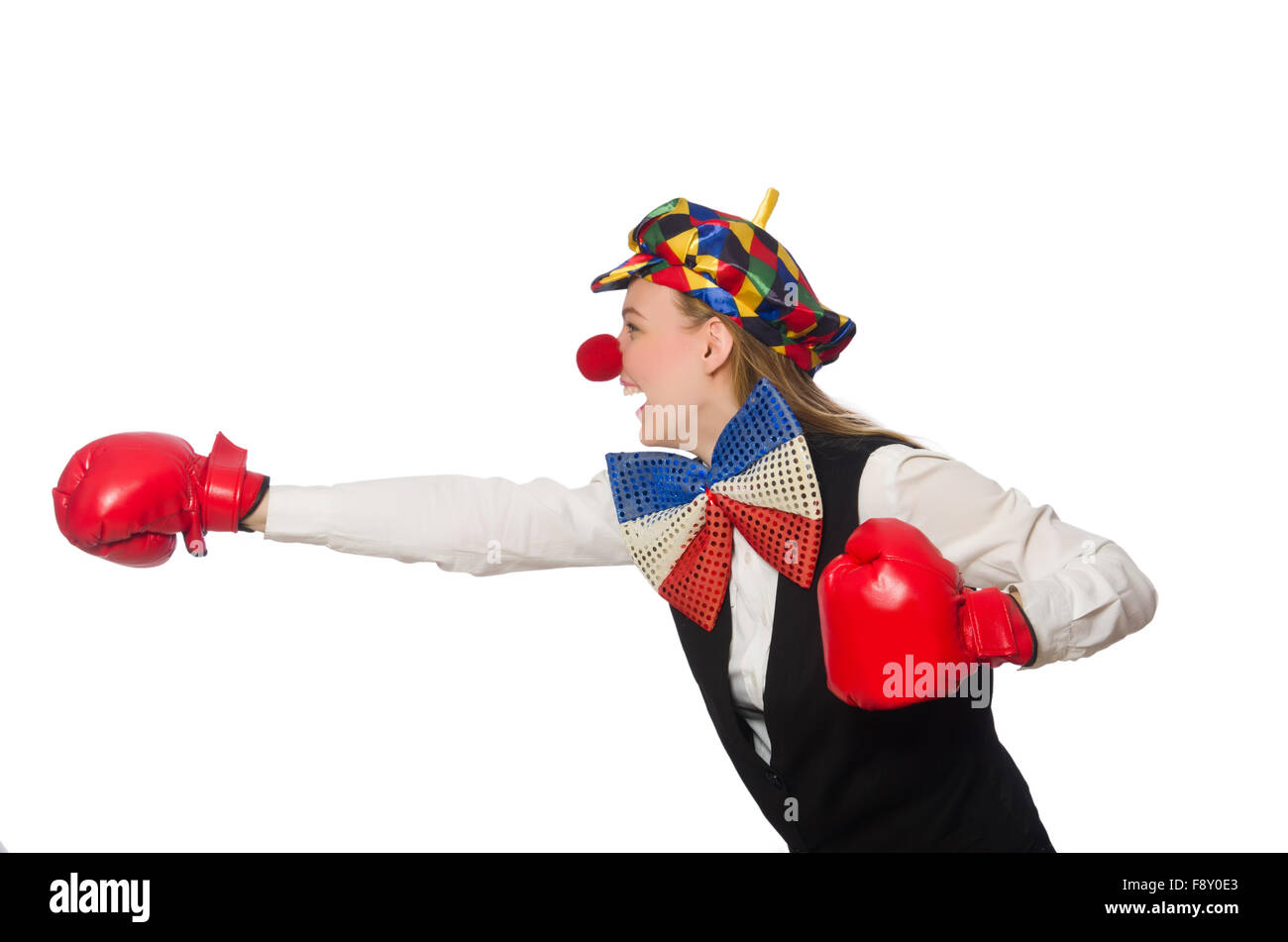 Pretty female clown with box gloves isolated on white Stock Photo - Alamy