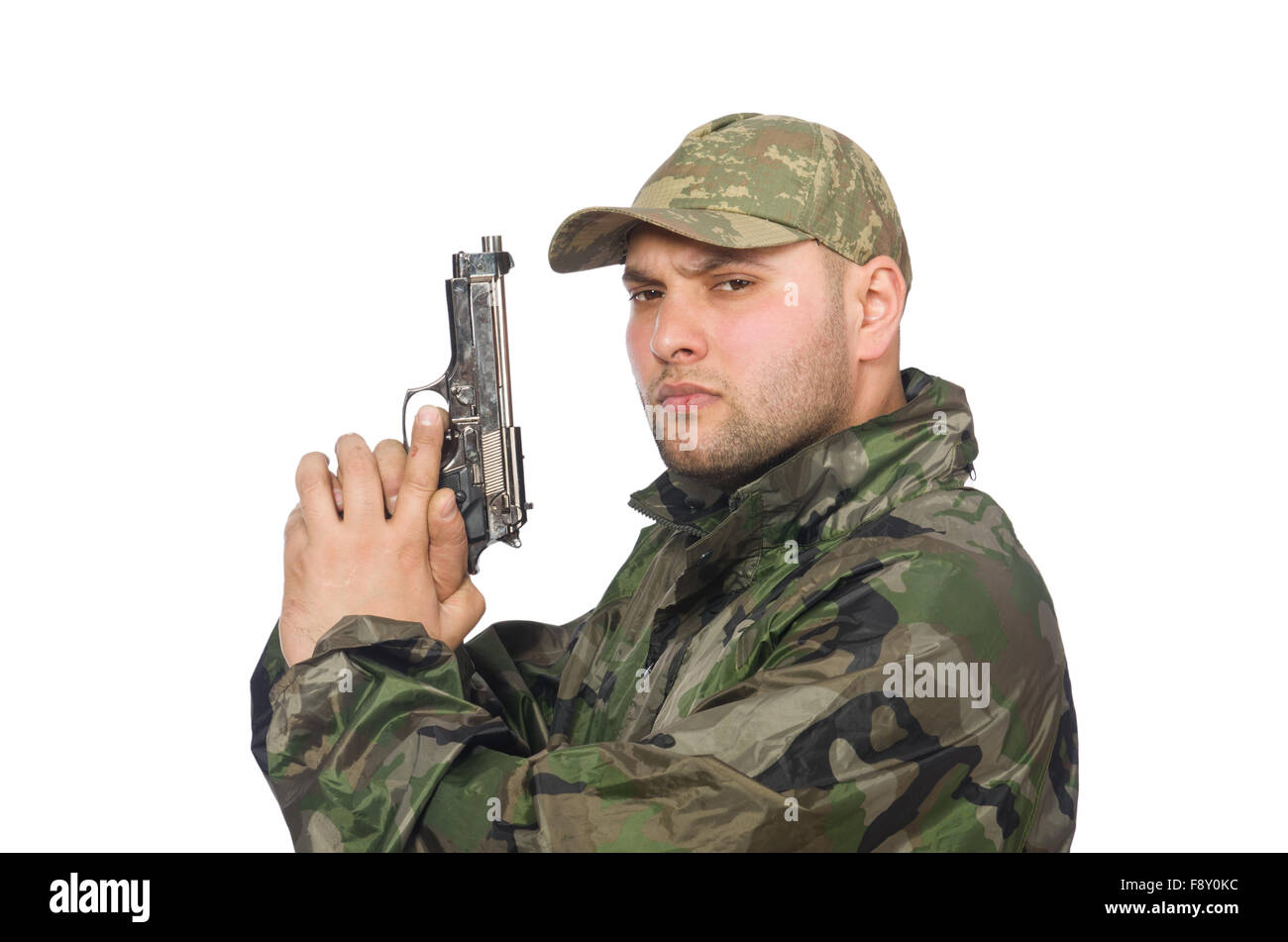 Solider holding gun isolated on white Stock Photo - Alamy