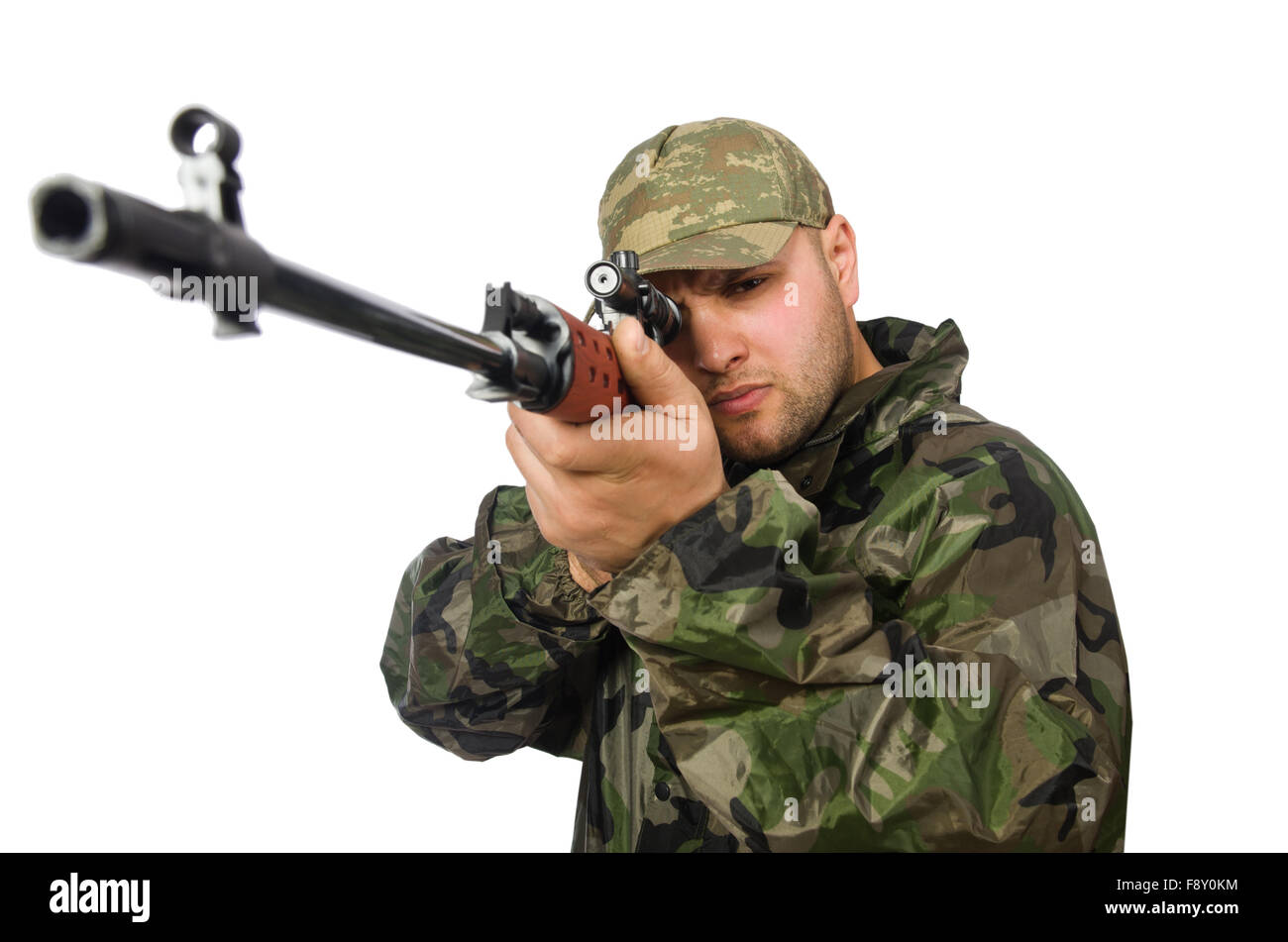 Solider holding gun isolated on white Stock Photo - Alamy
