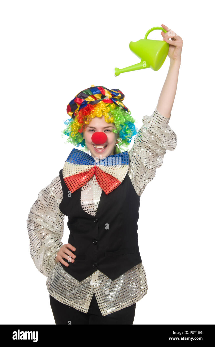 Female clown with watering can isolated on white Stock Photo - Alamy