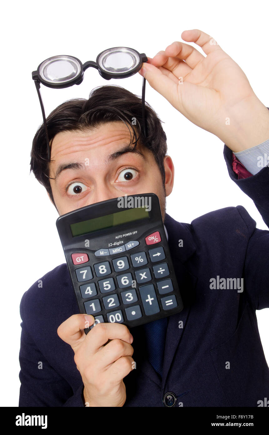 Funny man with calculator isolated on white Stock Photo - Alamy