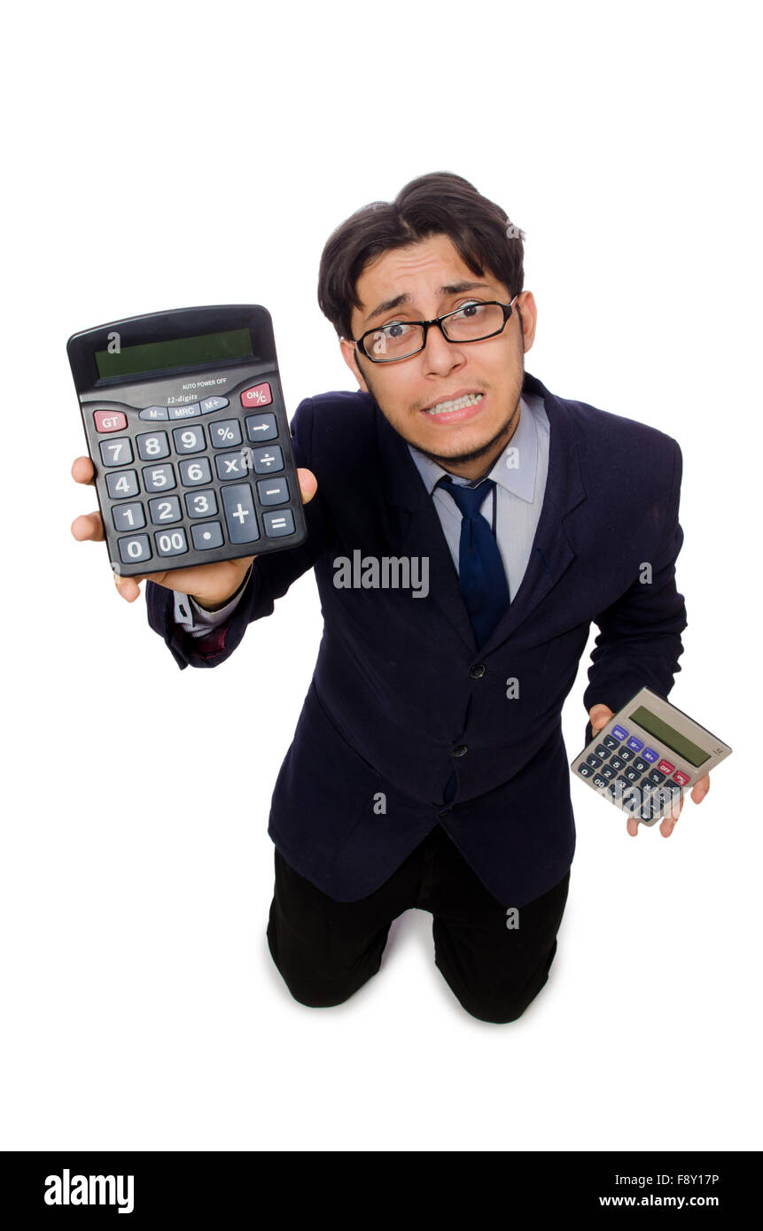 Funny man with calculator isolated on white Stock Photo - Alamy