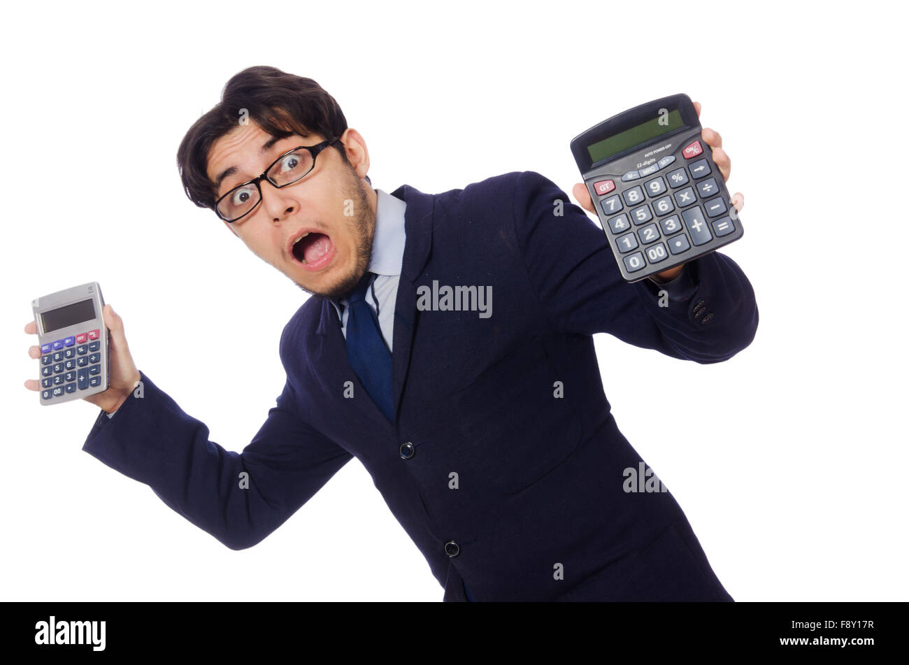 Funny man with calculator isolated on white Stock Photo - Alamy