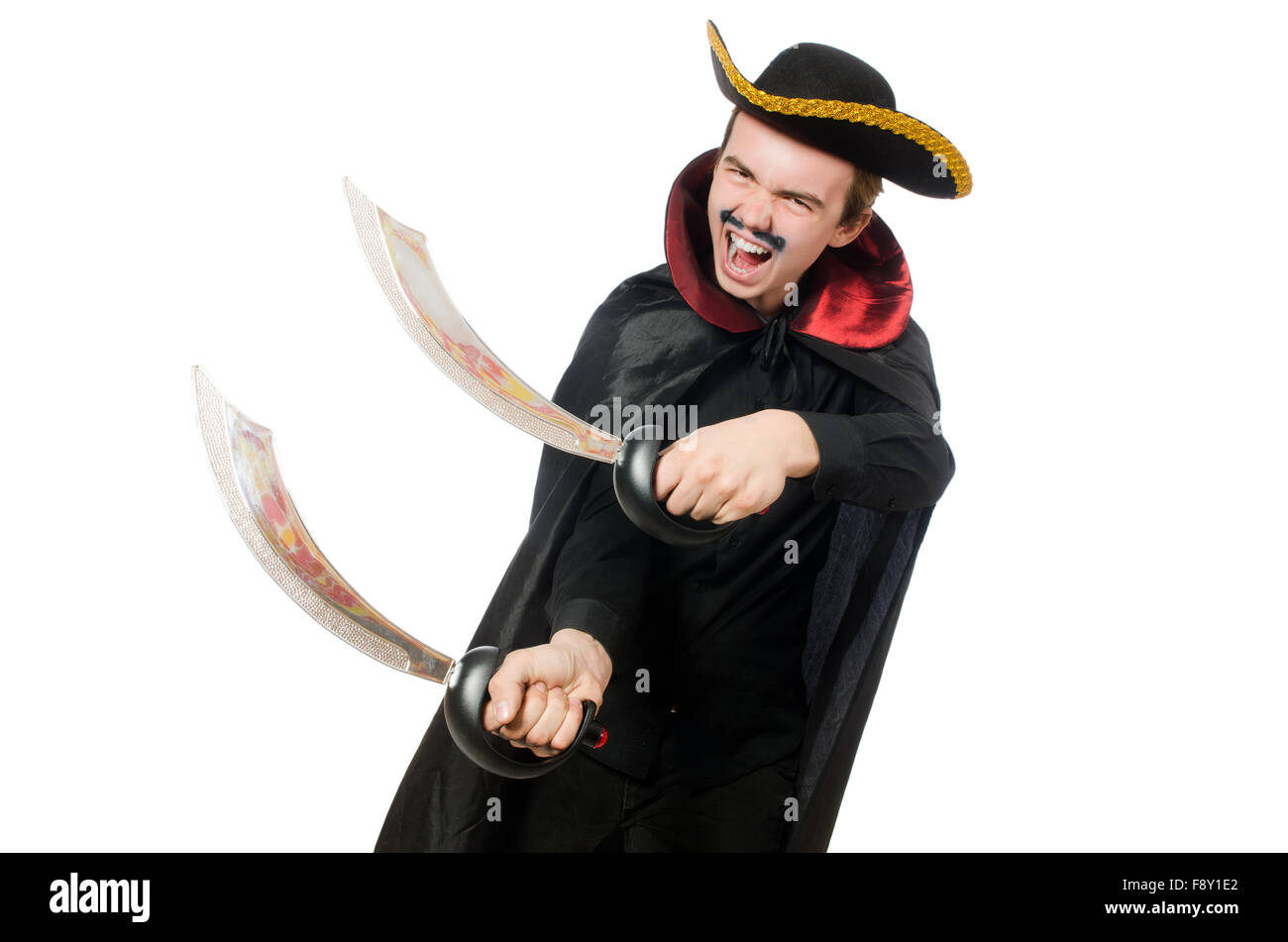 Young pirate holding sword isolated on white Stock Photo - Alamy
