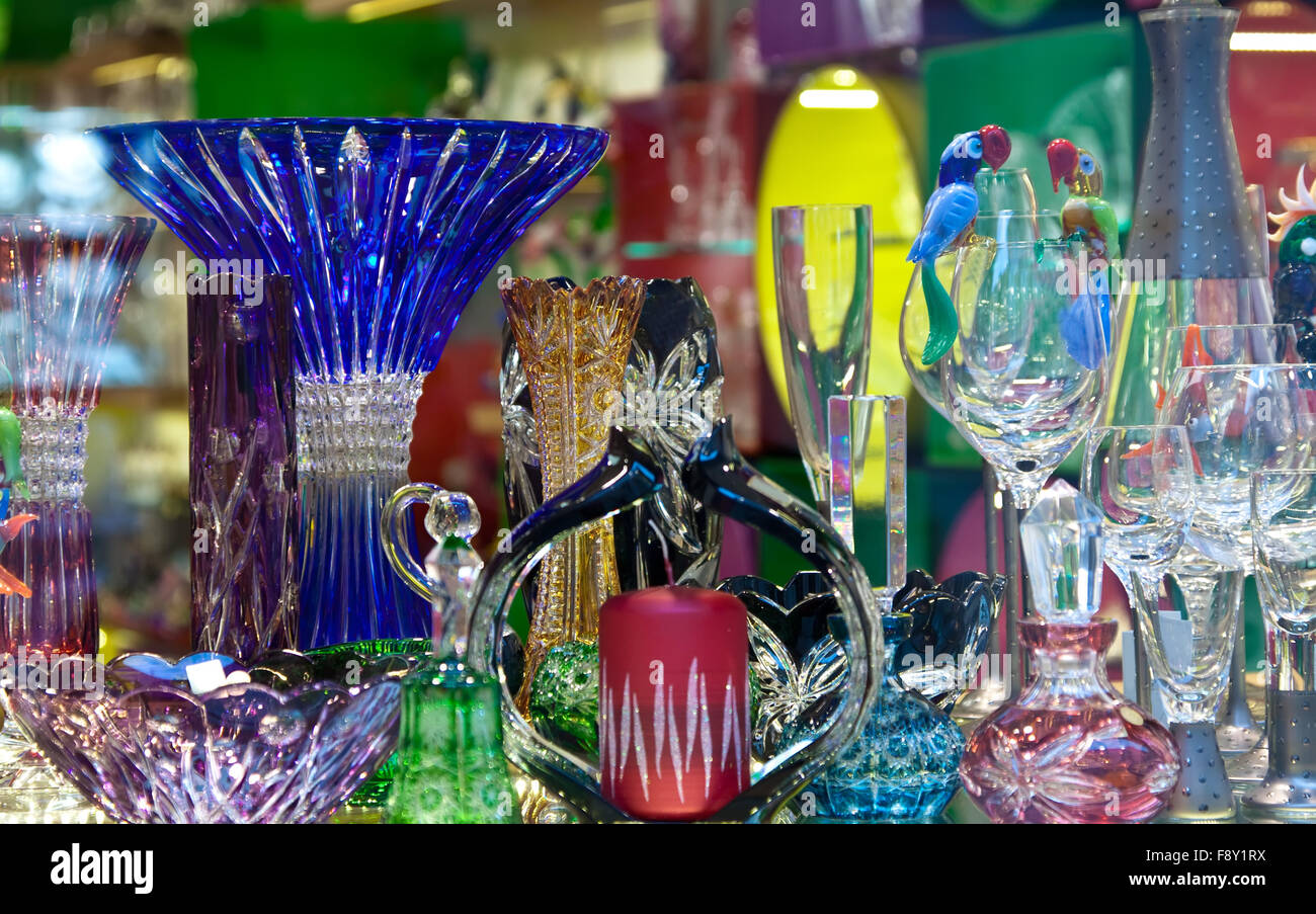 counter with bohemian crystal in store window Stock Photo - Alamy