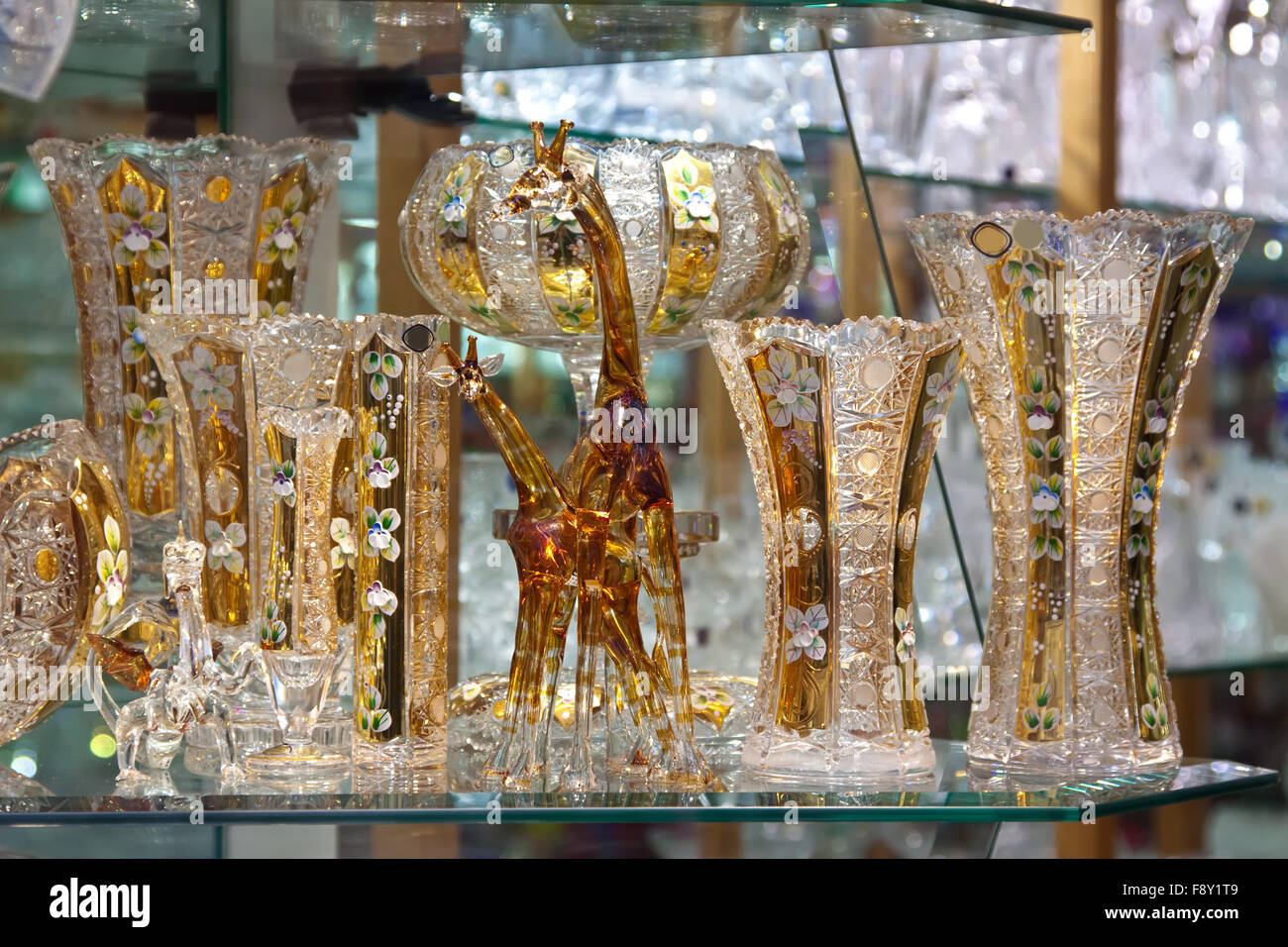 counter with bohemian crystal in store window Stock Photo - Alamy