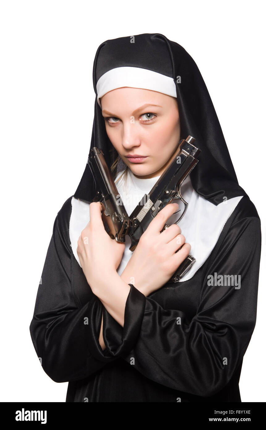 Nun with gun isolated on white Stock Photo - Alamy