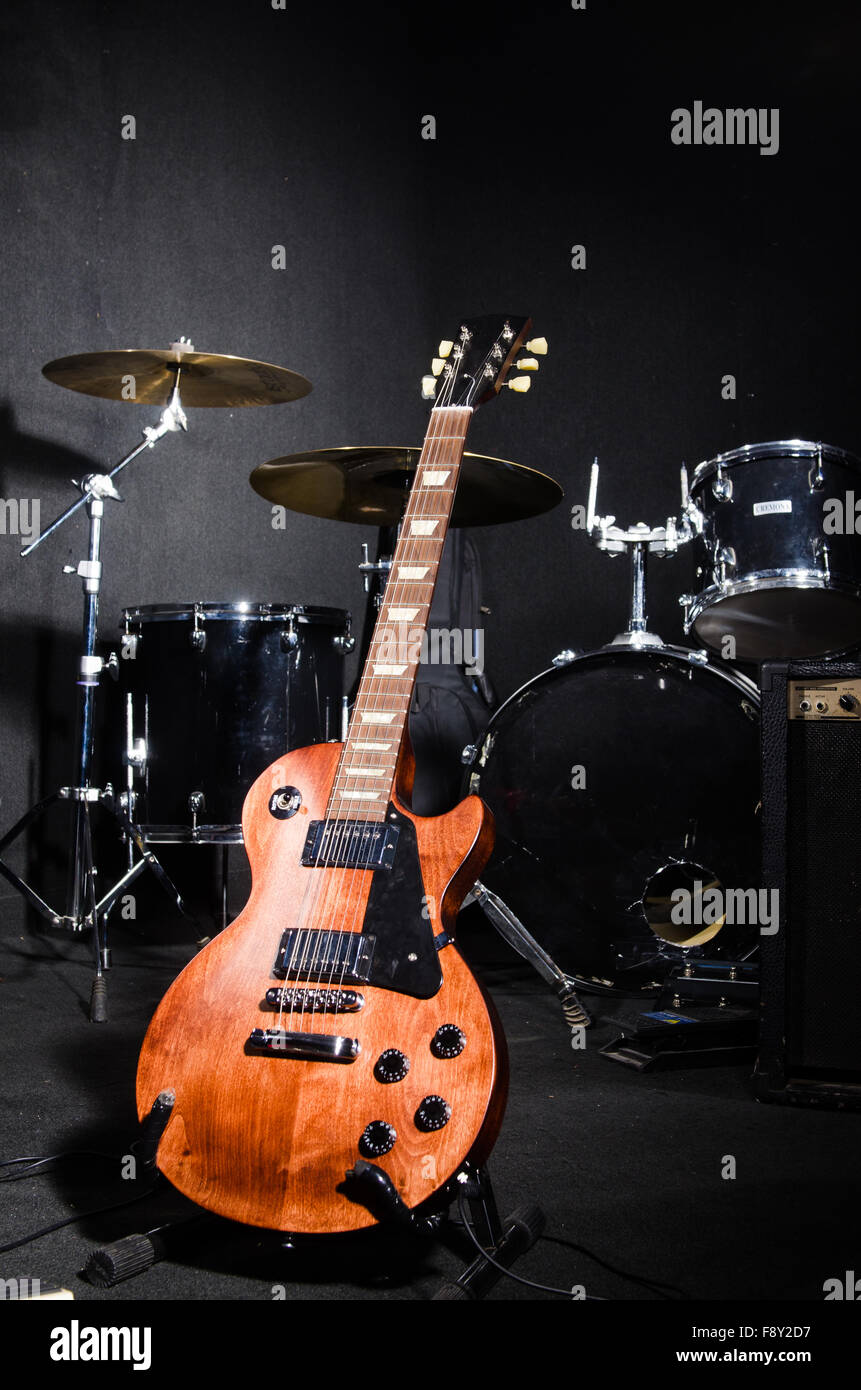 Set of musical instruments in club Stock Photo - Alamy