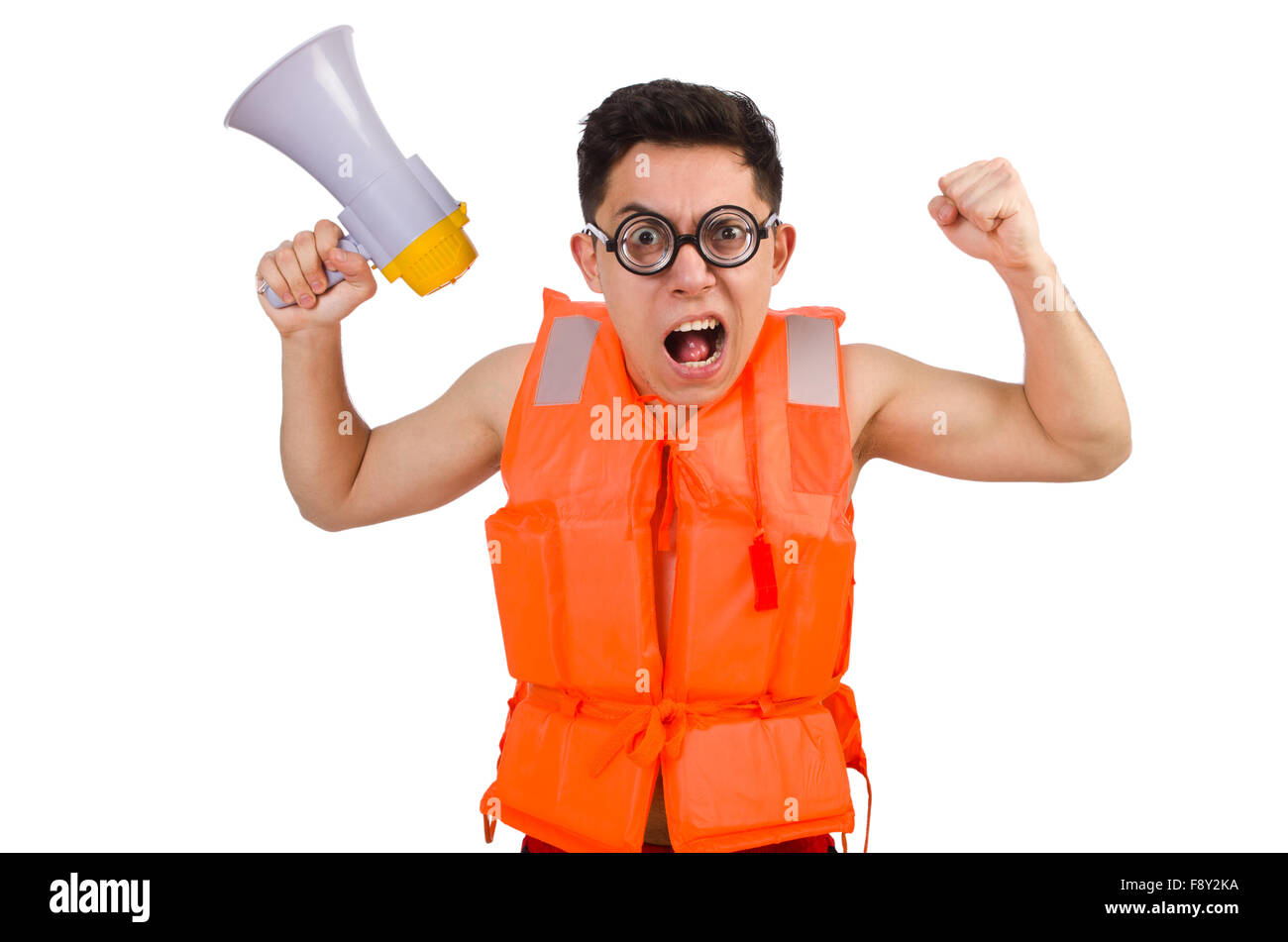 Funny man wearing vest with loudspeaker Stock Photo - Alamy