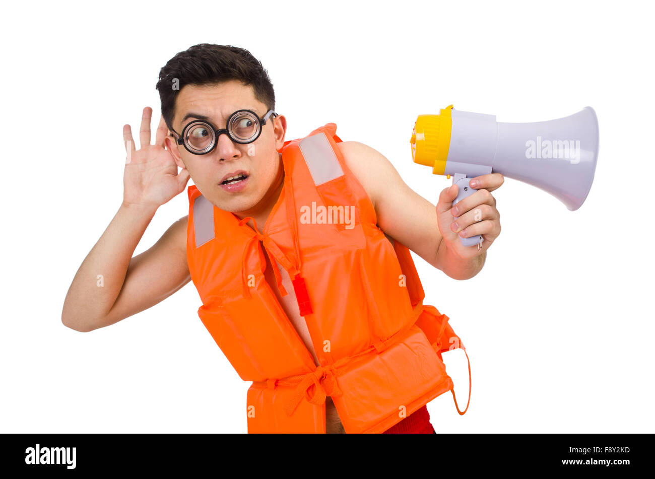 Funny man wearing vest with loudspeaker Stock Photo - Alamy