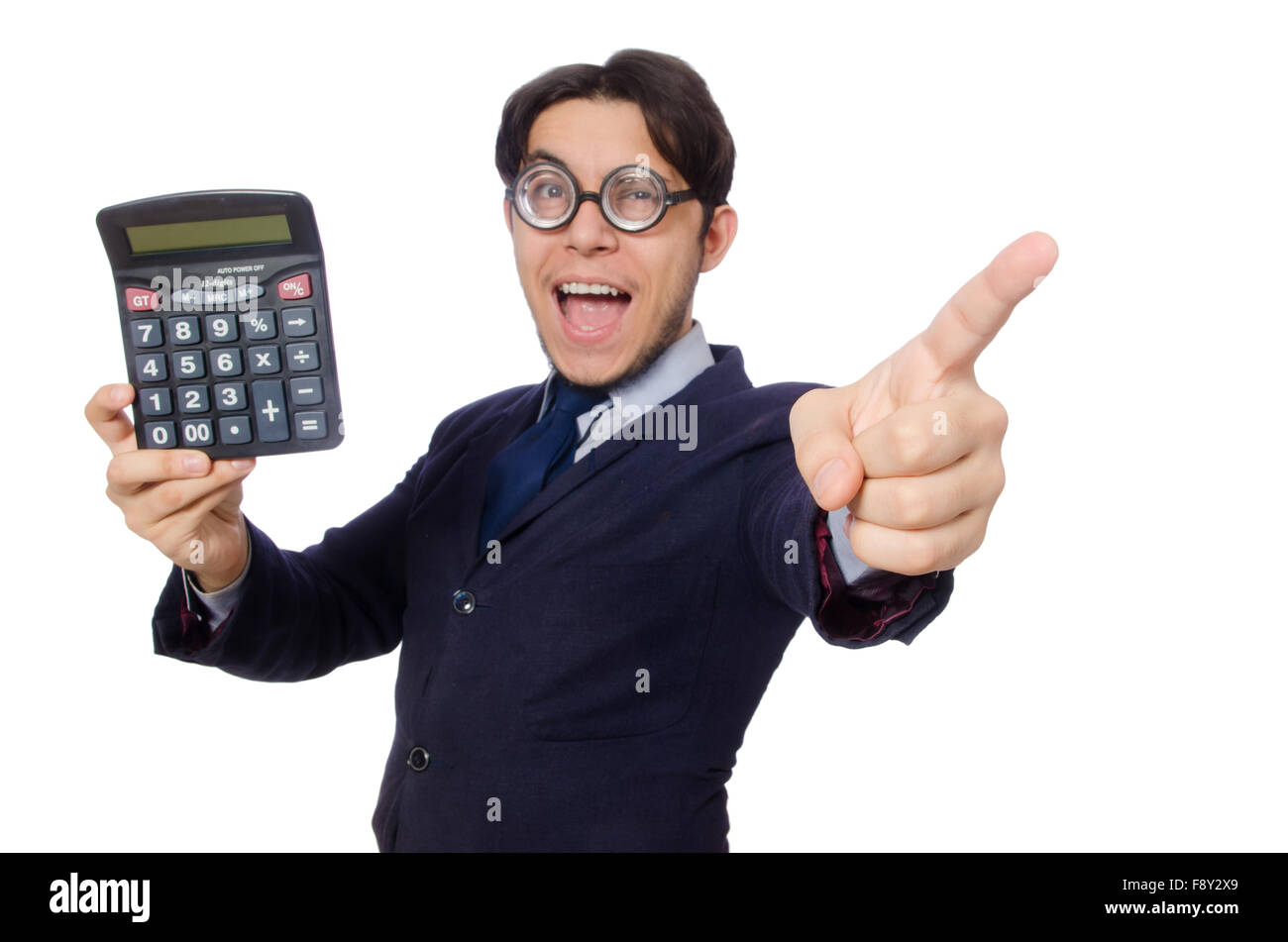 Funny man with calculator isolated on white Stock Photo - Alamy