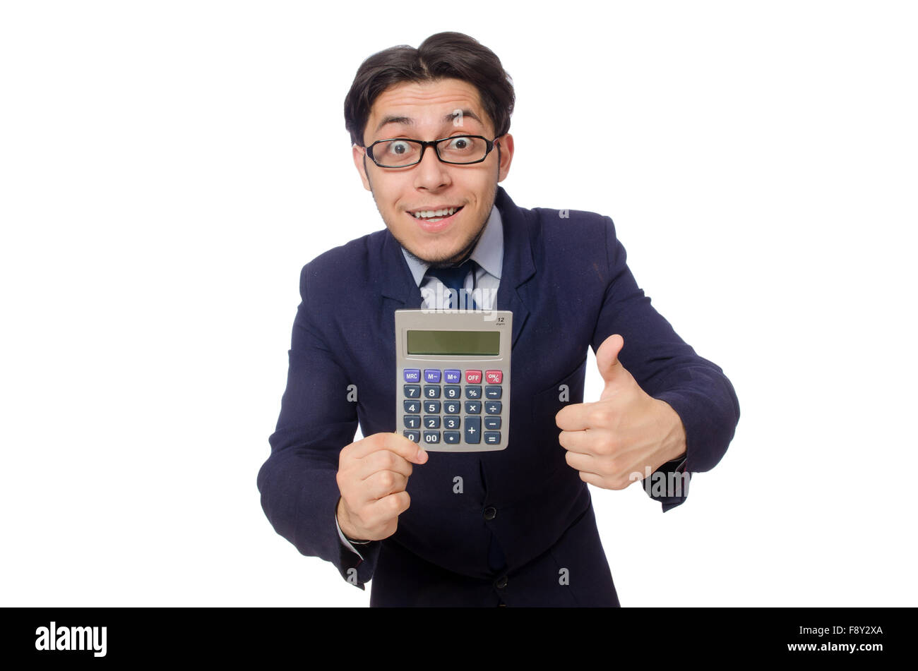 Funny man with calculator isolated on white Stock Photo - Alamy