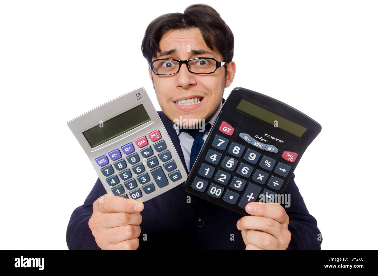 Funny man with calculator isolated on white Stock Photo - Alamy
