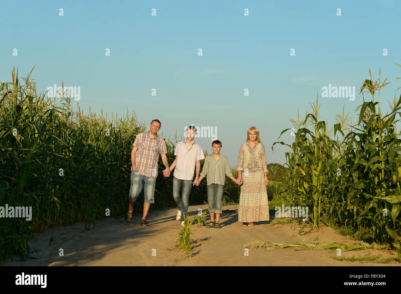 Happy family in wheat field Stock Photo - Alamy