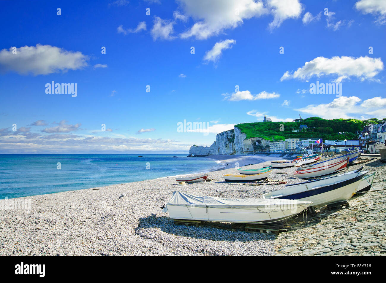 Etretat village, its bay beach and boats. Normandy, France, Europe ...
